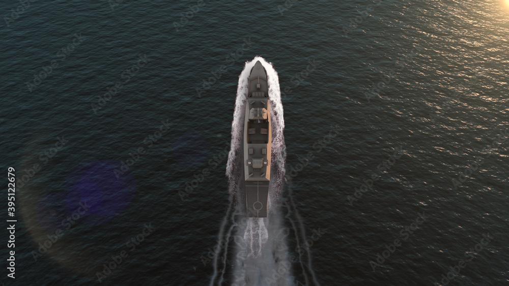 Navy Ship in the sea aerial view birds eye view of warship in the ocean ...