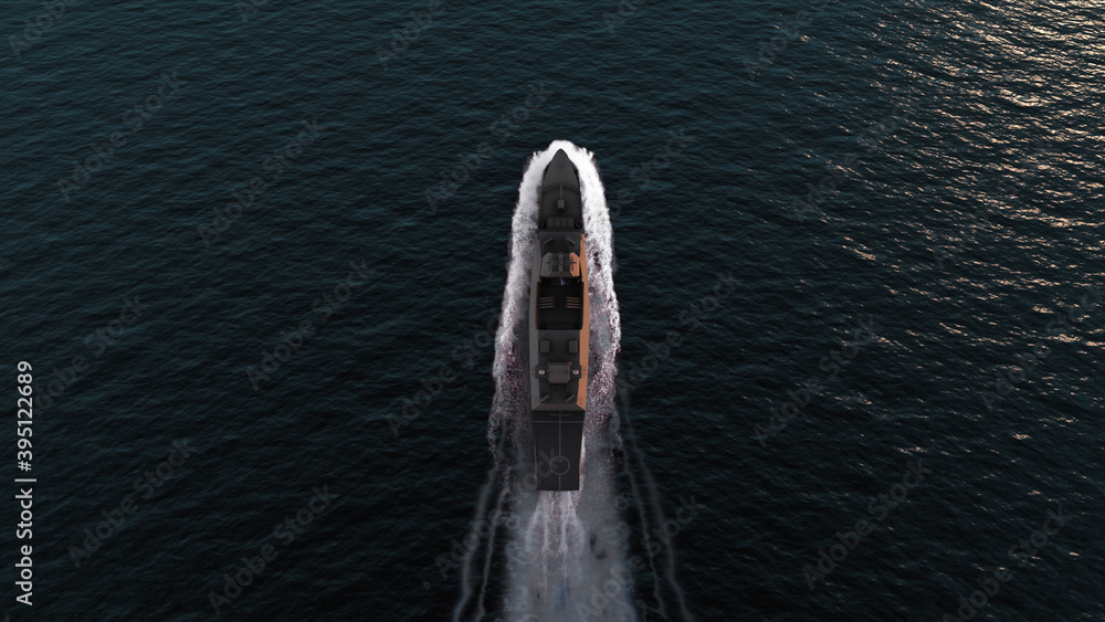 Navy Ship in the sea aerial view birds eye view of warship in the ocean ...