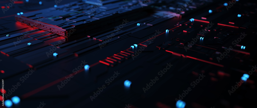 Ilustrace „Printed circuit board futuristic server/Code processing in circuit board abstract ...