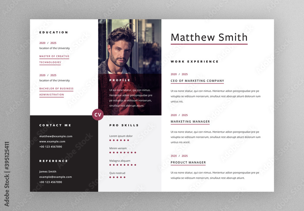 Horizontal Resume Layout with Red Accents Stock Template | Adobe Stock