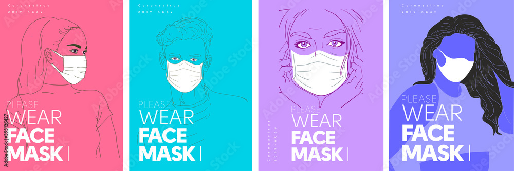 Set of vector posters. Poster - please wear a face mask. Line art ...
