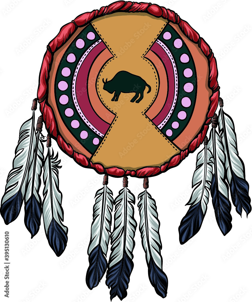 Native american shield with feather Vector illustration. Indian hide ...