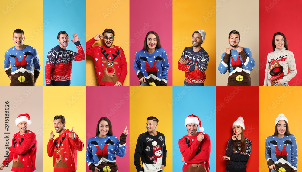 Collage with photos of men and women in different Christmas sweaters on ...