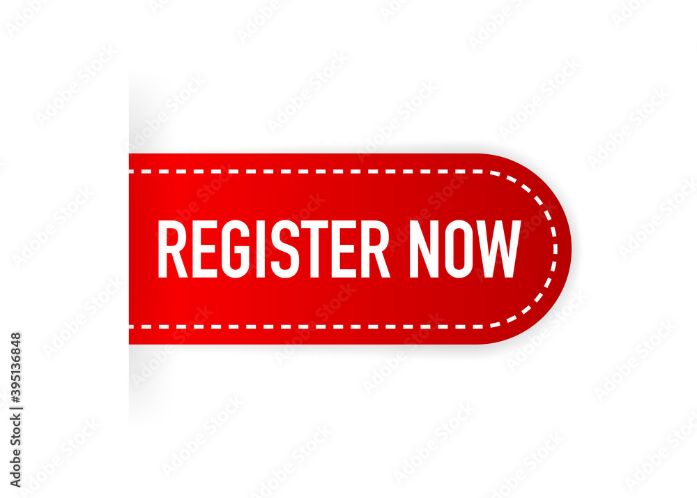 Red register now label in modern style on white background. Banner ...