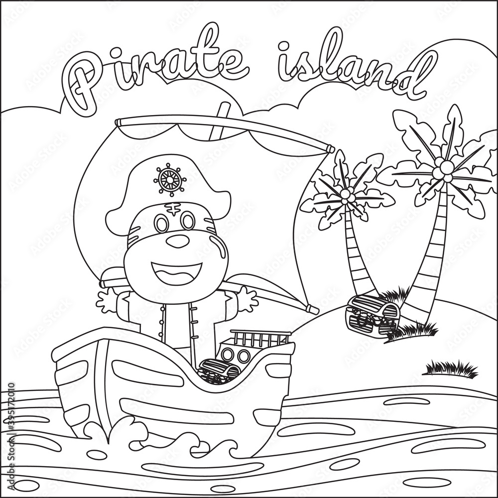 Vector Illustration Of Monkey Pirate On A Ship At The Sea With Cartoon vector-illustration-of-monkey-pirate-on-a-ship-at-the-sea-with-cartoon