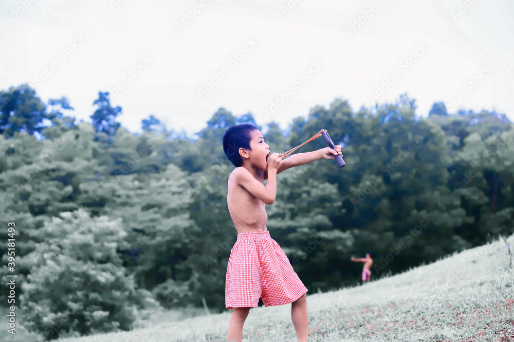 Shirtless Boy Aiming Slingshot While Standing On Land Against Trees ...
