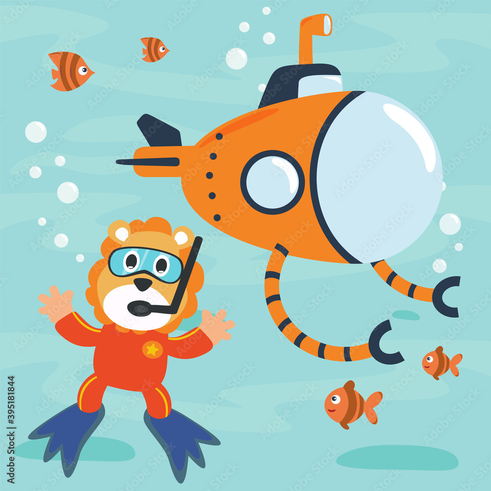 Diving with funny lion and submarine with cartoon style. Creative ...