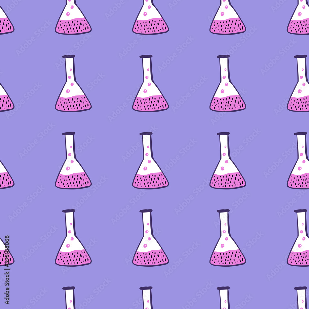 Cartoon seamless pattern with doodle flask ornament. Pink chemical ...