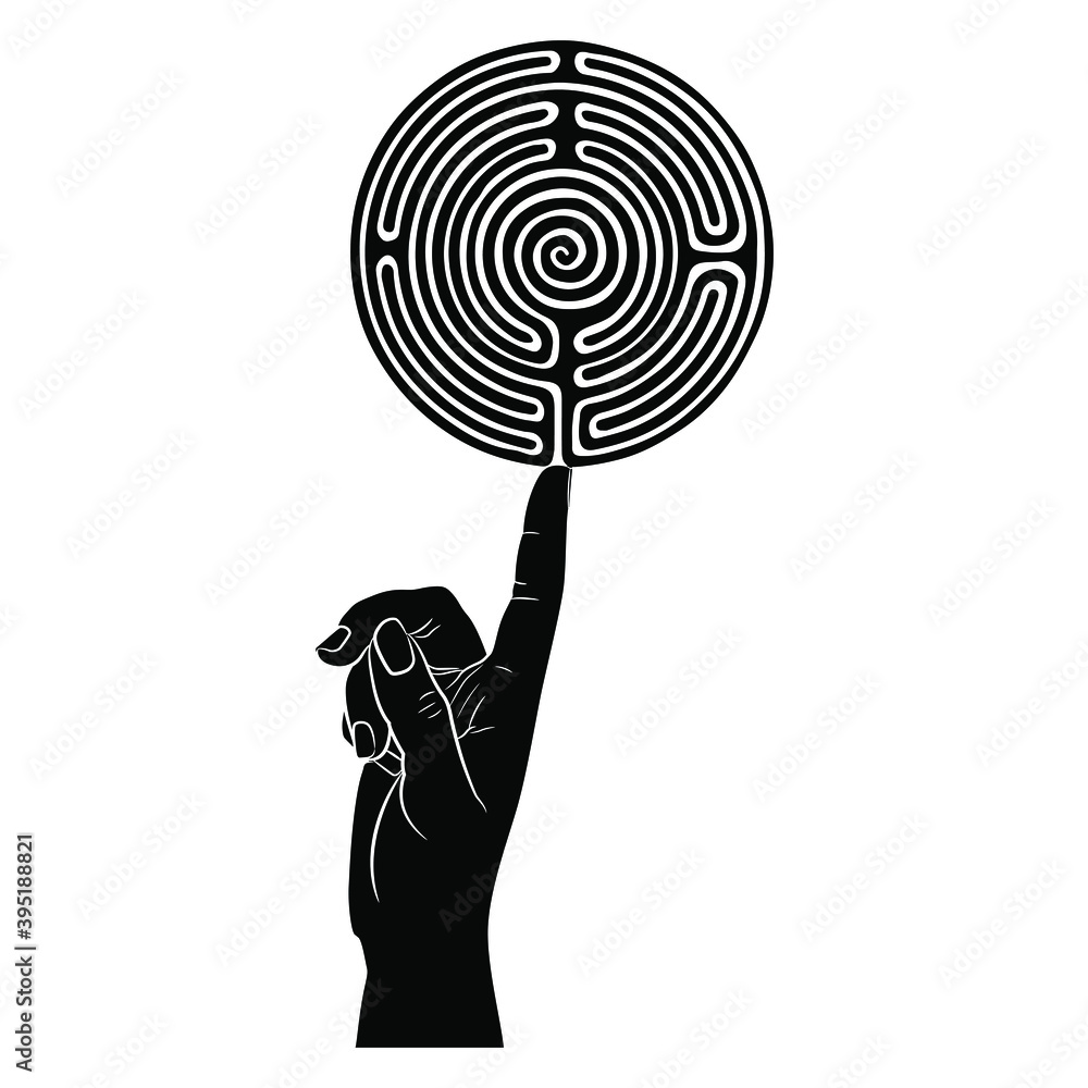 Vetor de Human hand holding round spiral maze or labyrinth on fingertip ...