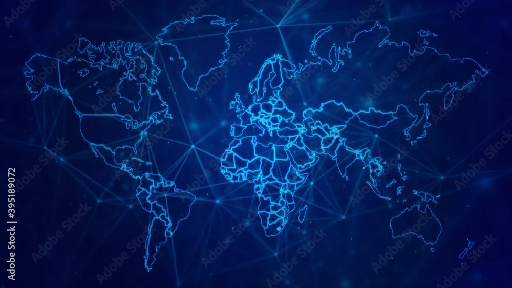 Dark blue background with world map contour lines. Line shape digital ...