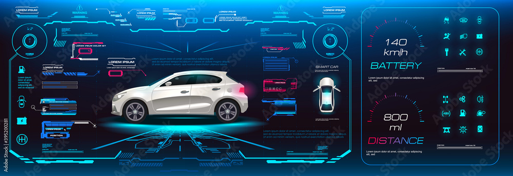 Car user interface HUD, GUI, UI. Options, settings, power supply of the ...