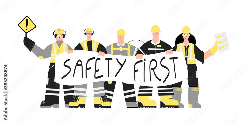 Construction or factory industrial workers wearing personal protective ...