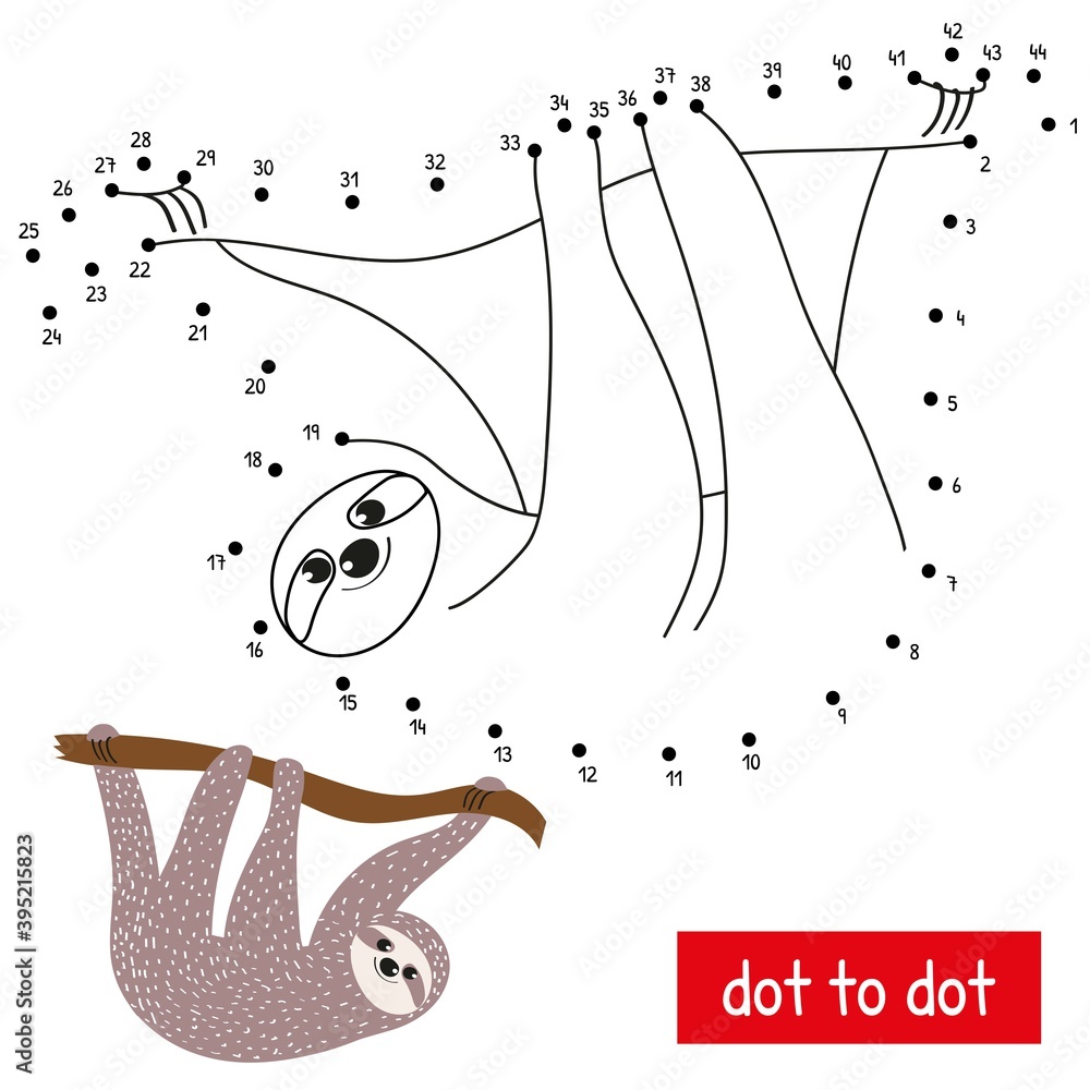 A cute sloth hanging on a branch. Connect the dots in order ...