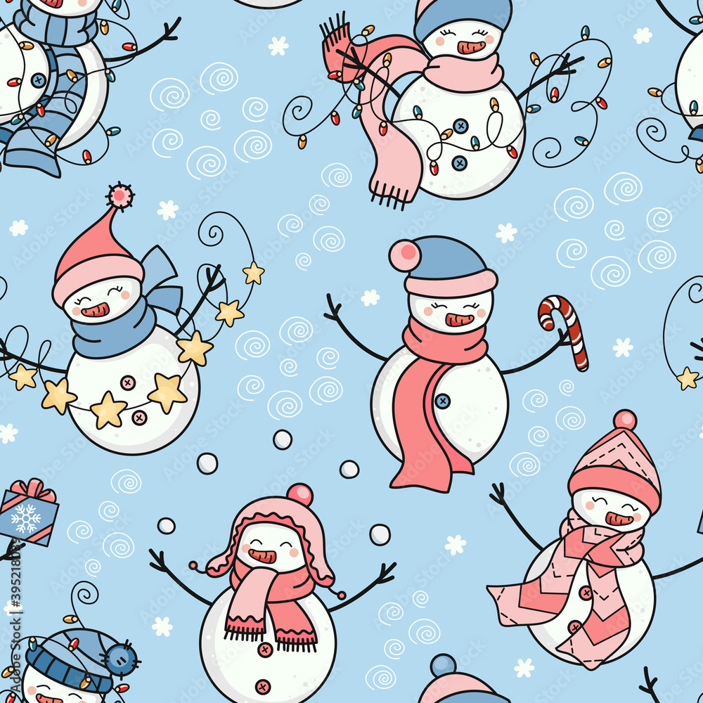 Seamless vector pattern with cute happy snowmen. Christmas theme hand ...
