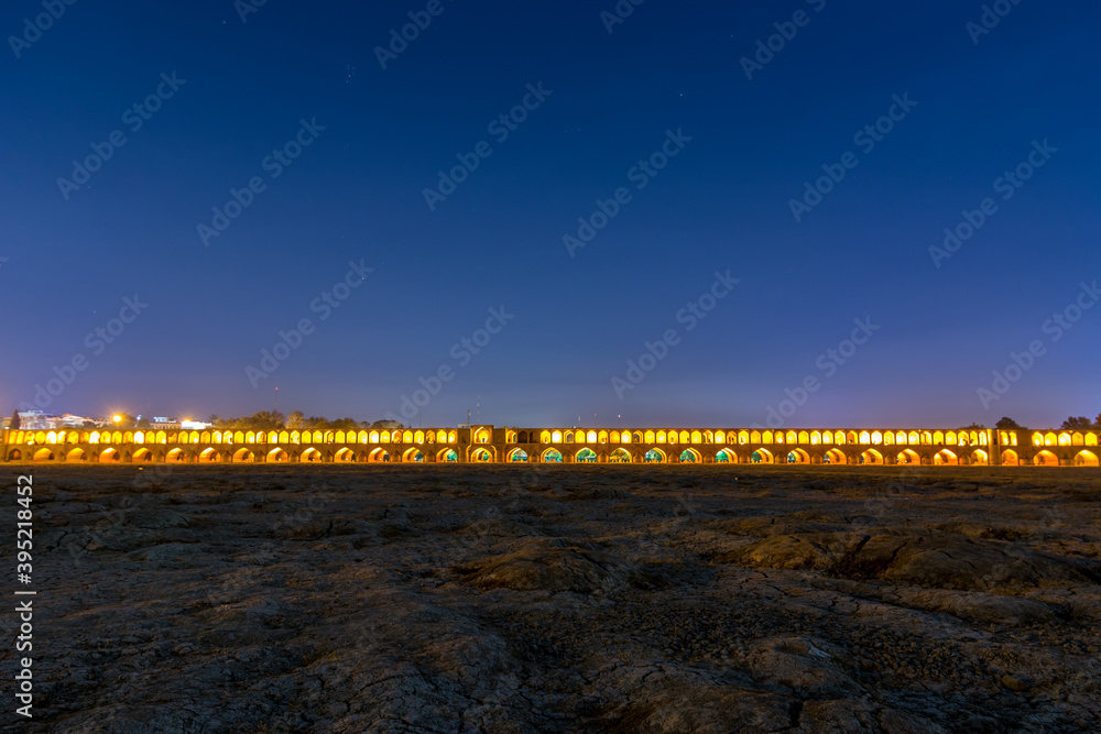 Arches of night view with light effect of Allahverdi Khan Bridge, also ...