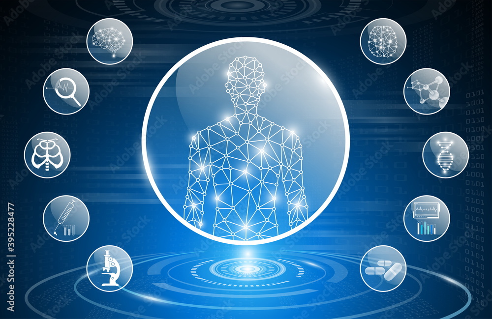 abstract background technology concept in blue light,brain and human ...