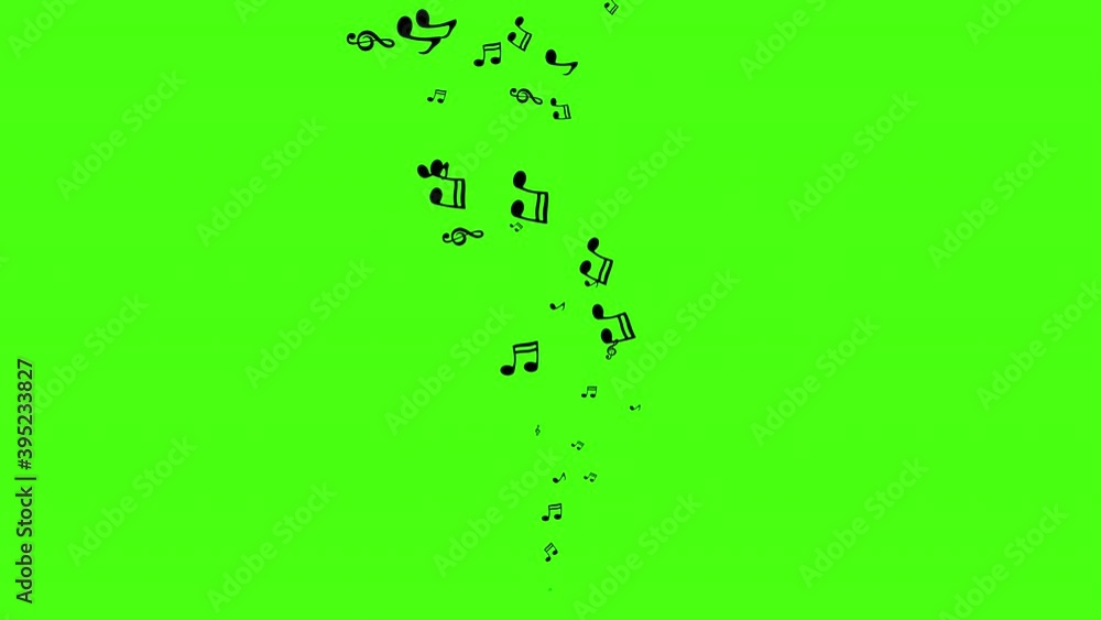 Animation flow black music notes on green background. Flying up musical ...