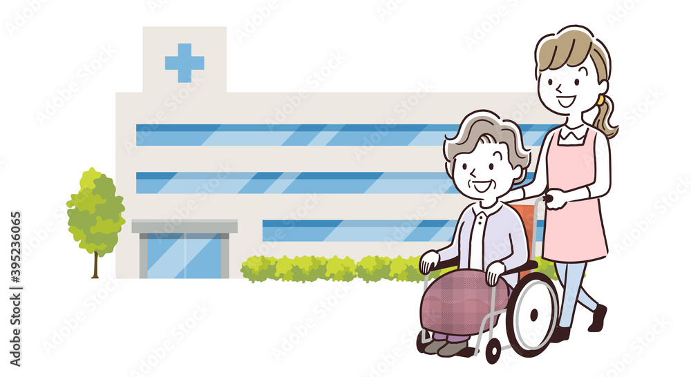 ベクターイラスト素材：病院に通院するシニア女性とスタッフの女性 vector de Stock | Adobe Stock