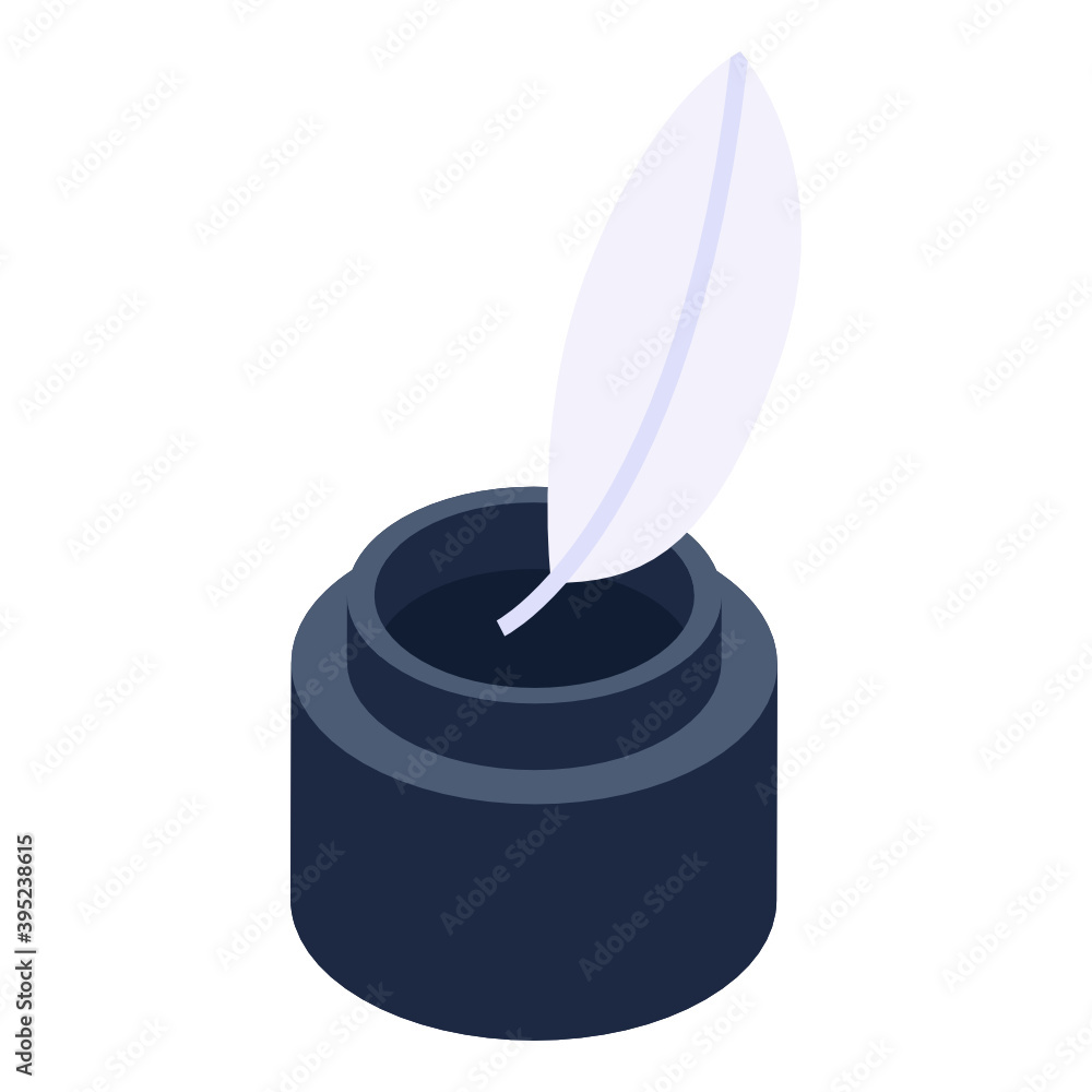 Isometric icon of quill pen, feather pen inside inkpot Stock Vector ...