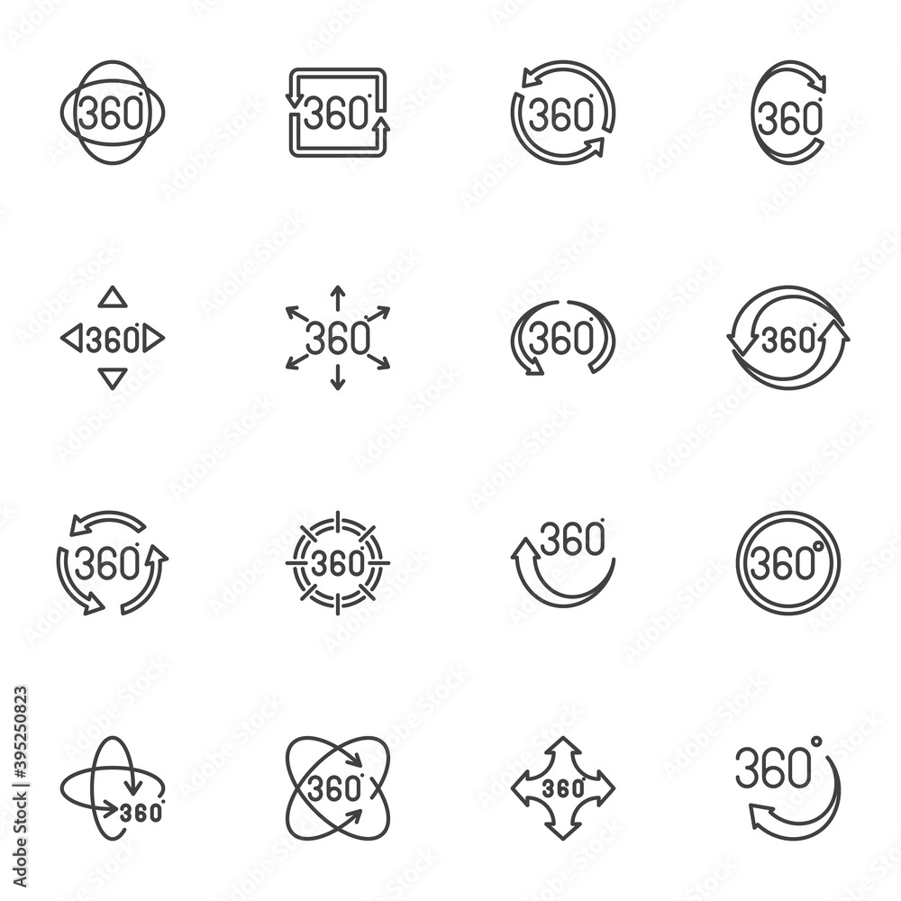 360 degrees view line icons set, outline vector symbol collection ...