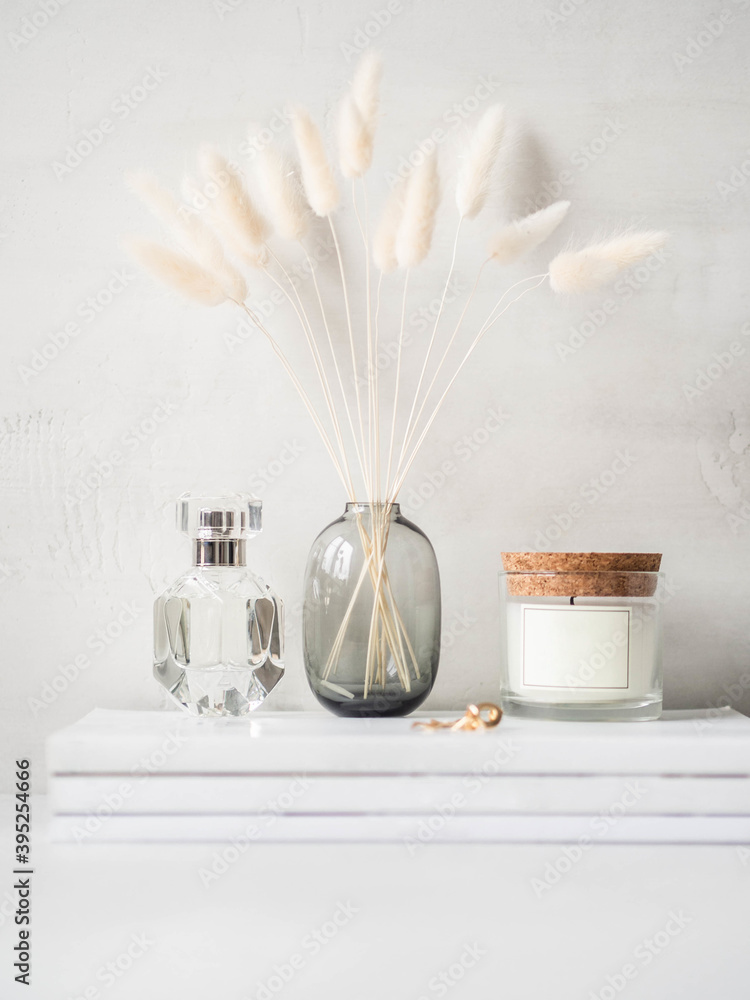 Modern feminine still life of white dry lagurus flower in glass vase ...
