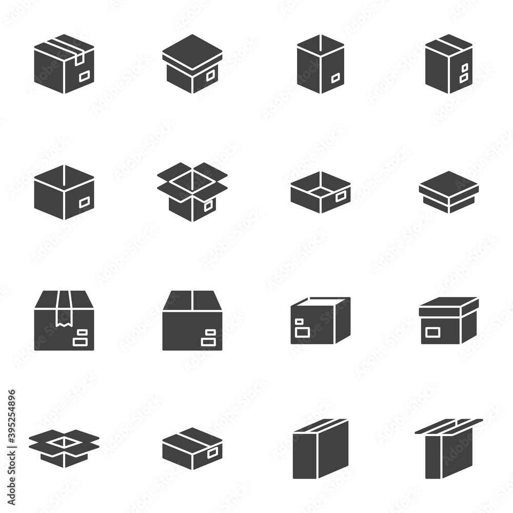 Box packaging vector icons set, modern solid symbol collection, filled ...