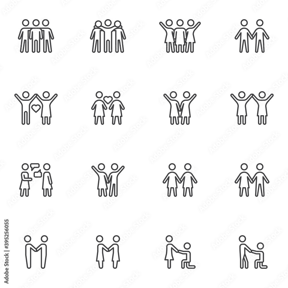 Friendship and love line icons set, outline vector symbol collection ...