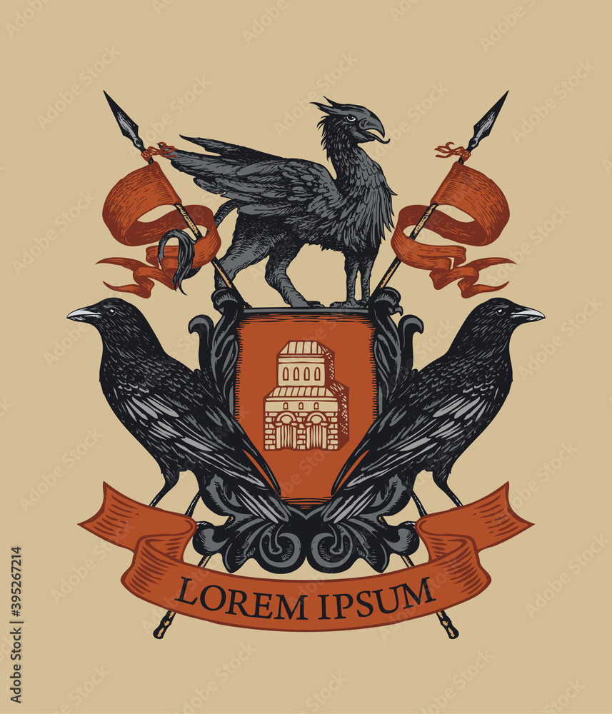 Vector heraldic Coat of arms with ravens, griffin, spears, ribbon and ...