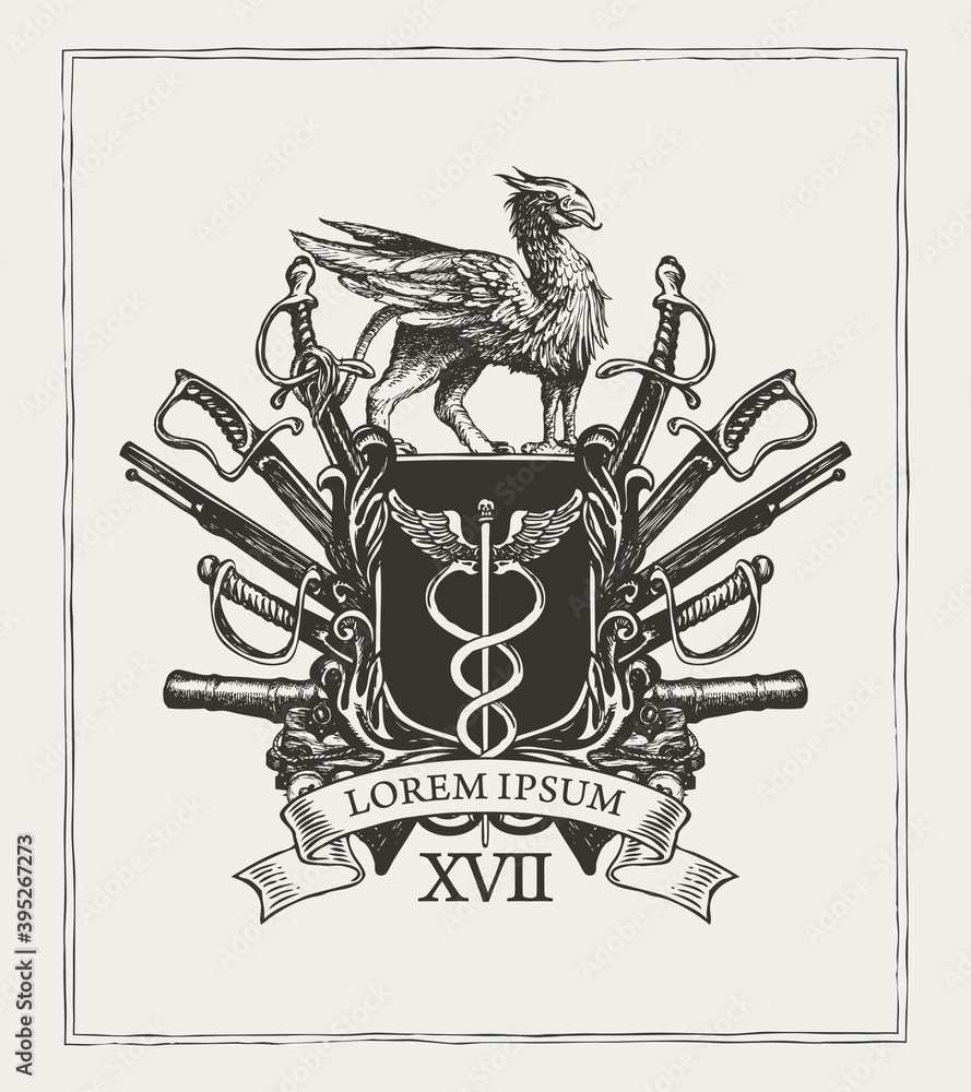 Vector coat of arms in vintage style with a caduceus on a knightly ...