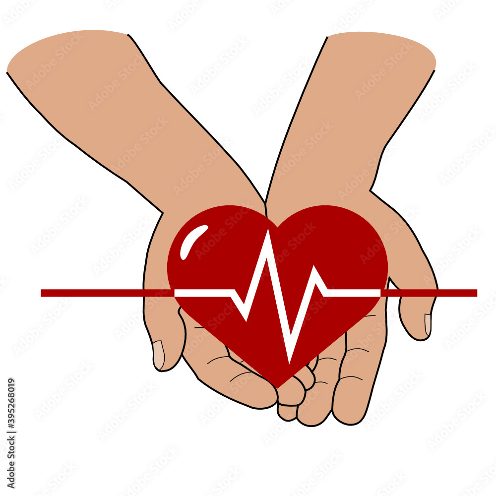 human hands hold in open palms a red heart with a pulse line symbol ...