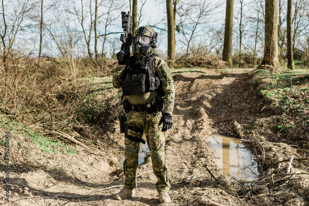 Croatian soldier in Cropat woodland uniform wearing gas mask M95 and ...