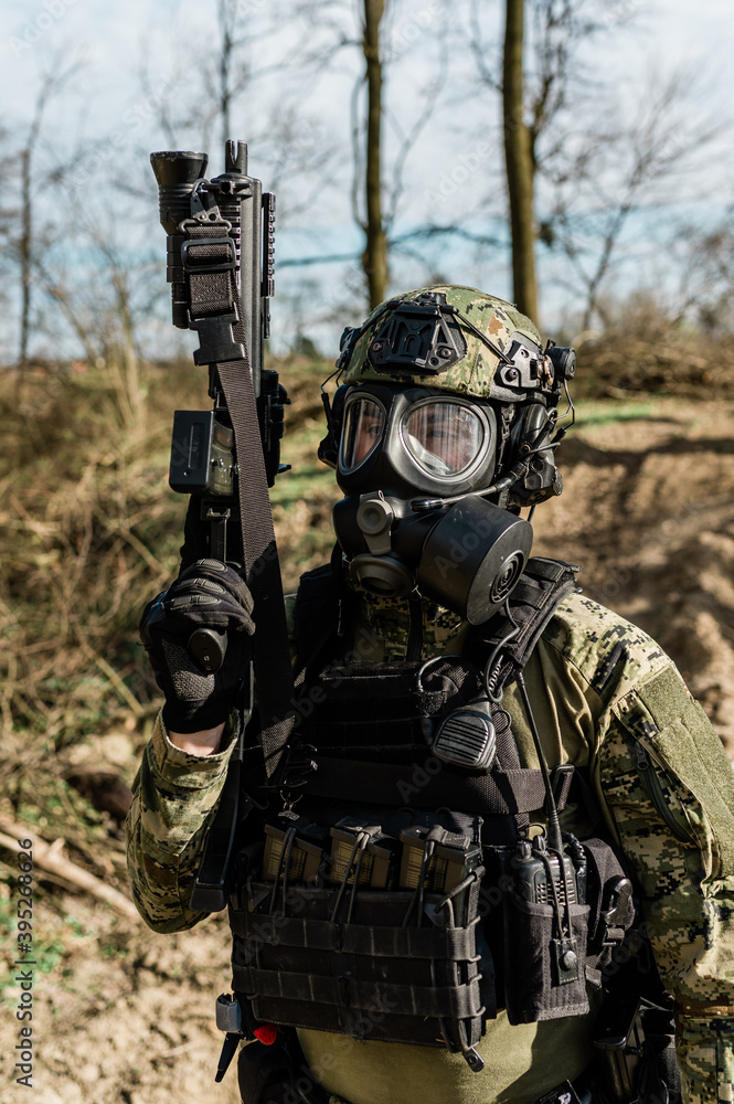 Croatian soldier in Cropat woodland uniform wearing gas mask M95 and ...
