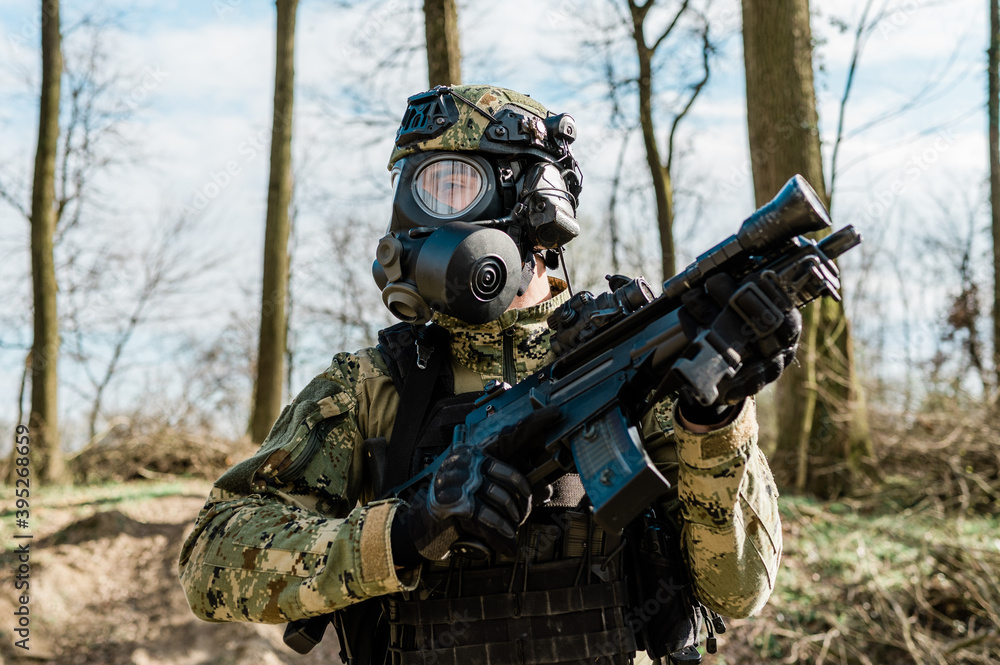 Croatian soldier in Cropat woodland uniform wearing gas mask M95 and ...