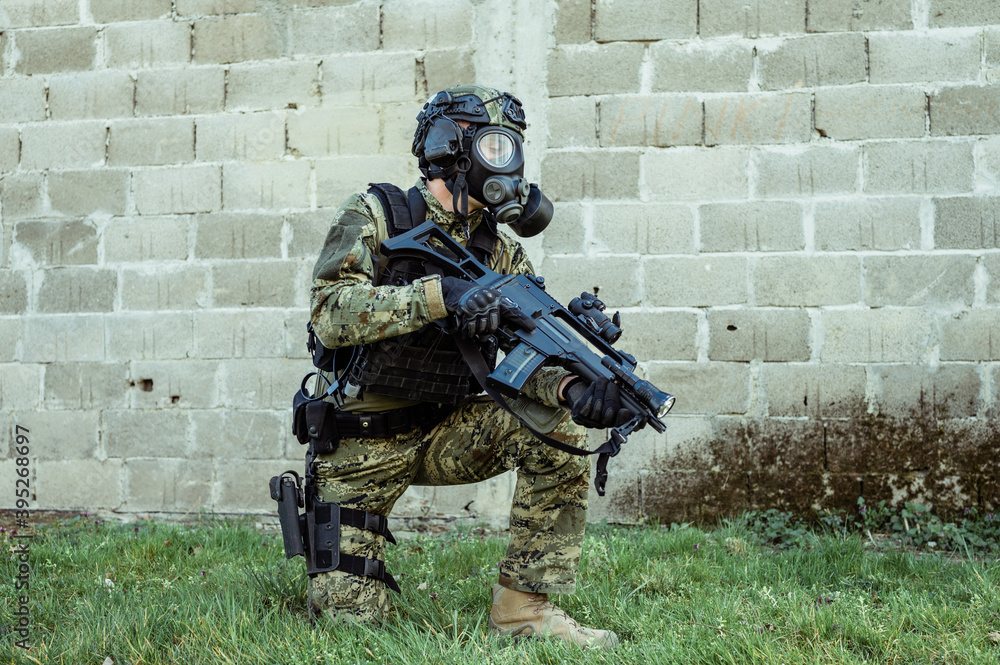 Croatian soldier in Cropat woodland uniform wearing gas mask M95 and ...