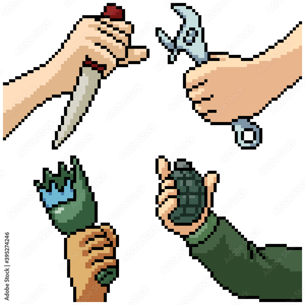pixel art set isolated hand holding weapon Stock Vector | Adobe Stock