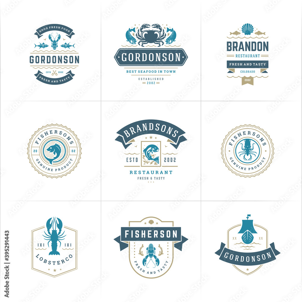 Seafood logos or signs set vector illustration fish market and ...