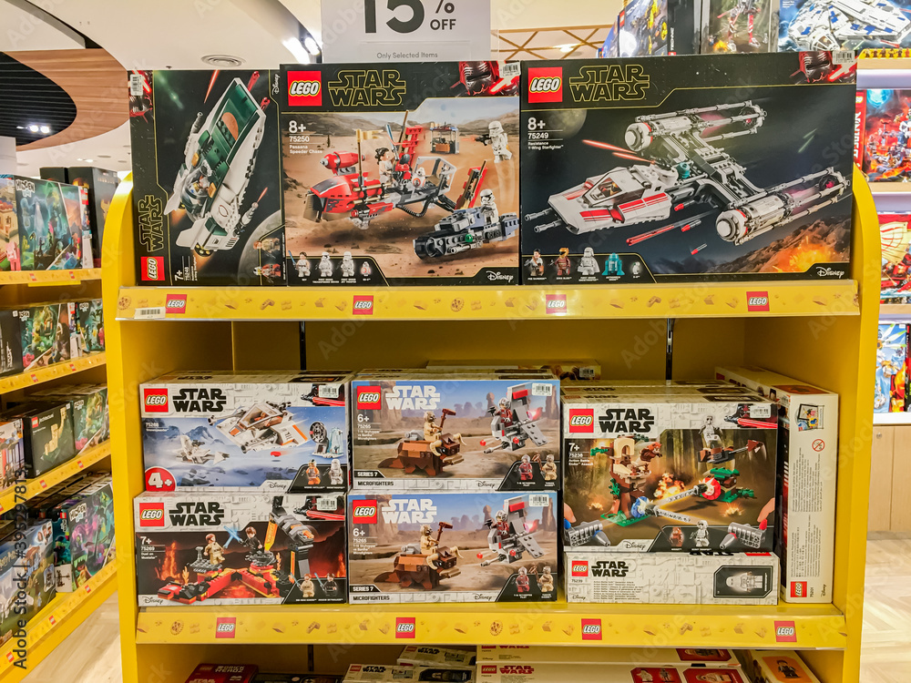 Many kinds of Lego toy boxes piled on their shelves Stock Photo | Adobe ...