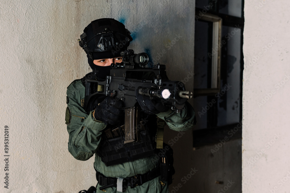 Man reenacting special unit of Croatian military police. Wearing green ...