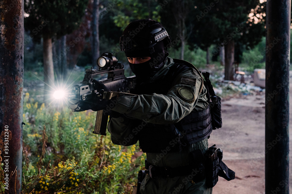 Man reenacting special unit of Croatian military police. Wearing green ...