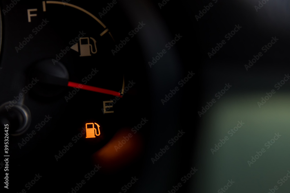 Empty fuel warning light in car dashboard. Fuel pump icon. gasoline ...