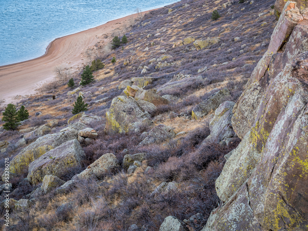 climbing cliff over mountain lake - Duncan's Ridge and Horsetooth ...