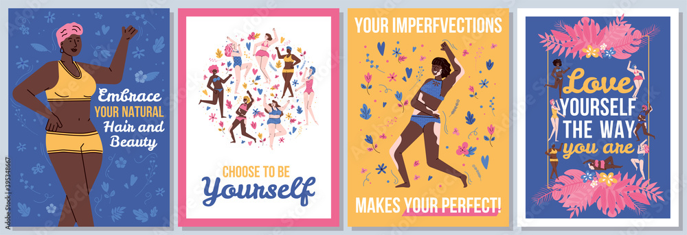 Body positive topic banners set with motivational slogans and cartoon ...