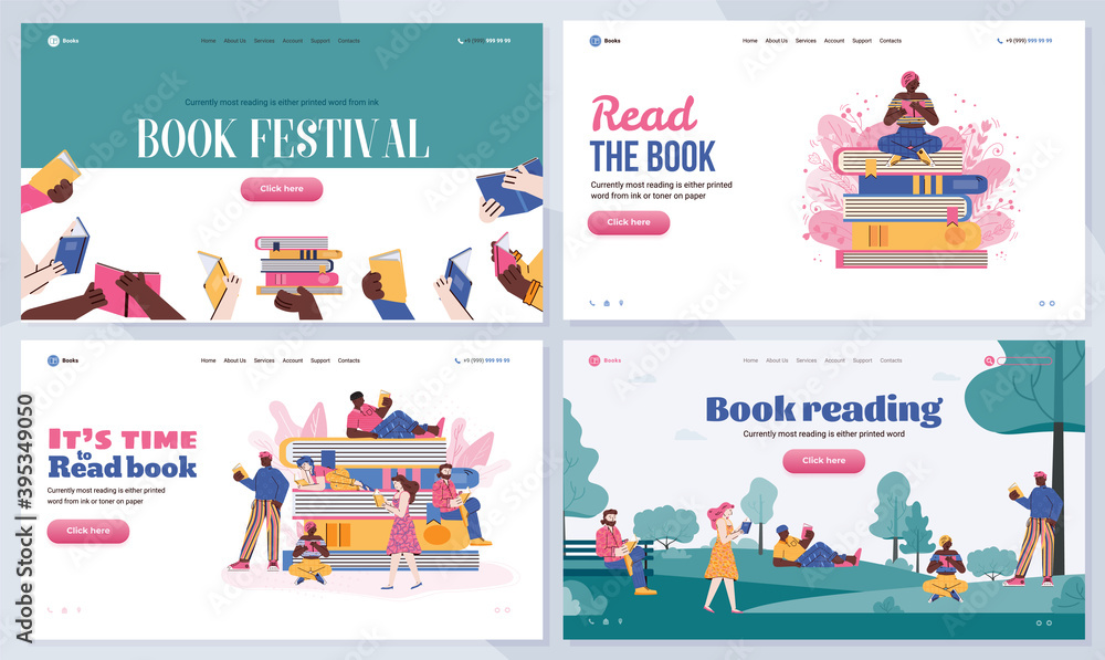 Website banners set for book festival and literature events with people ...