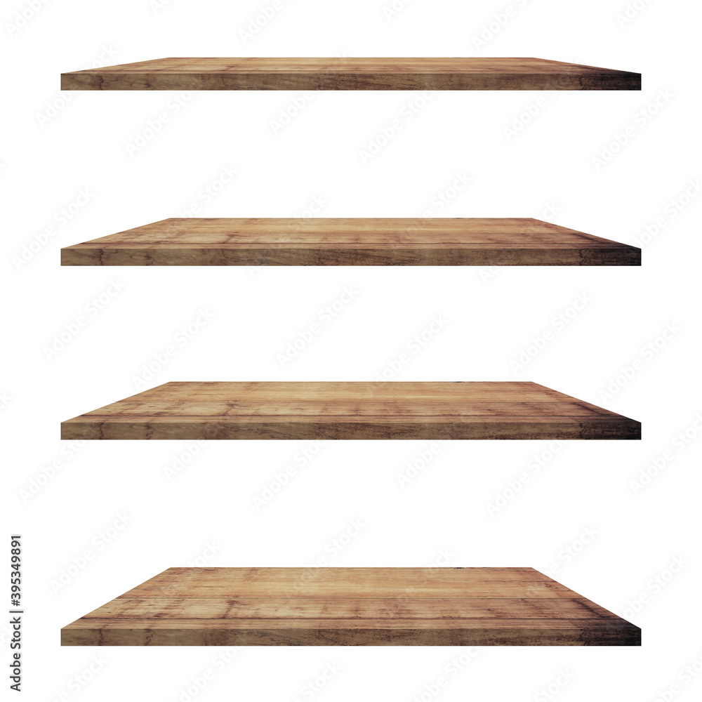 4 Wood shelves table isolated on white background and display montage ...