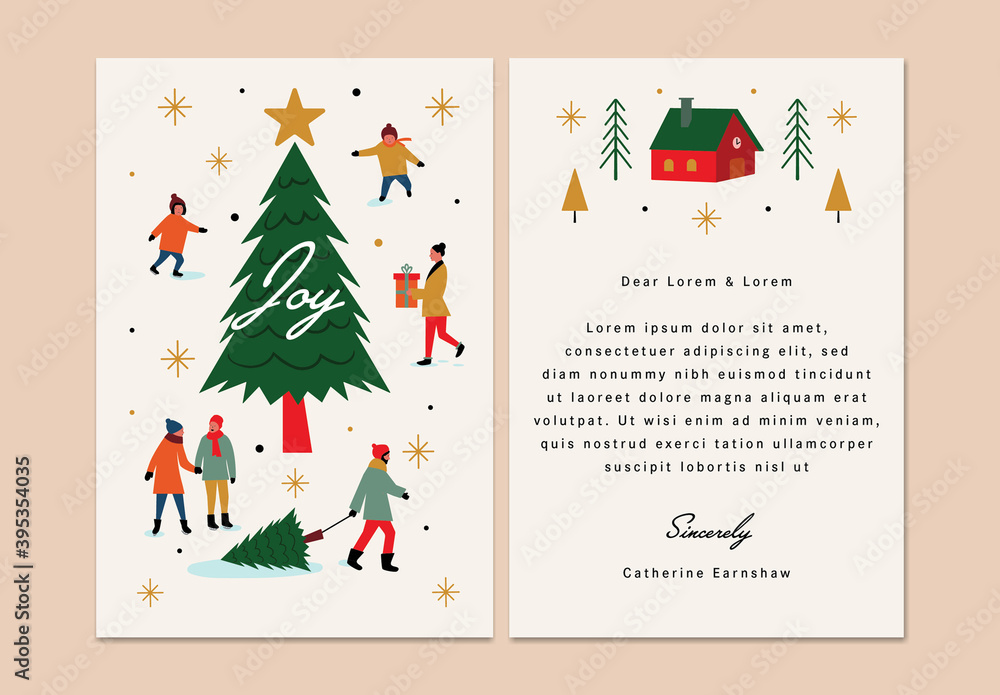 Christmas Celebration Card Layout with People and Christmas Tree Stock ...