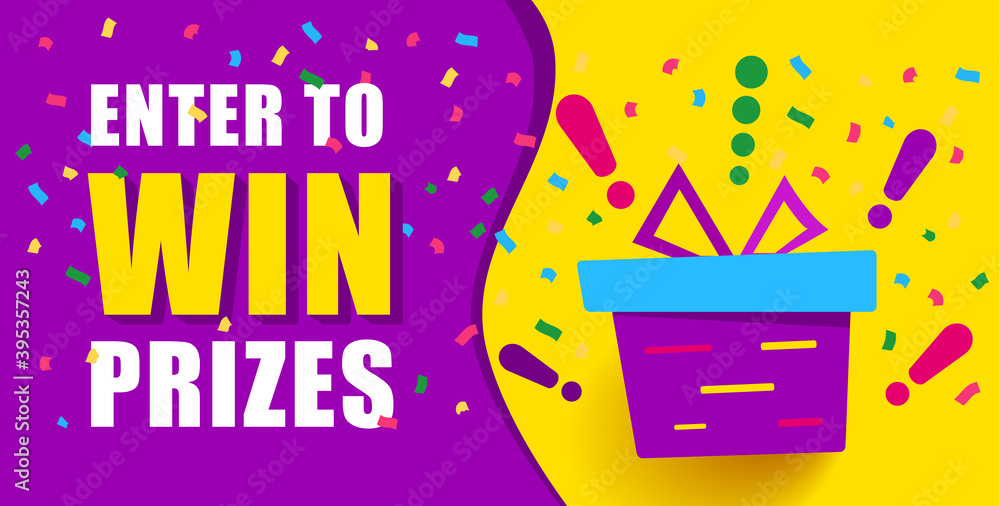 Bright banner with text, enter to win prizes. gift box on yellow ...