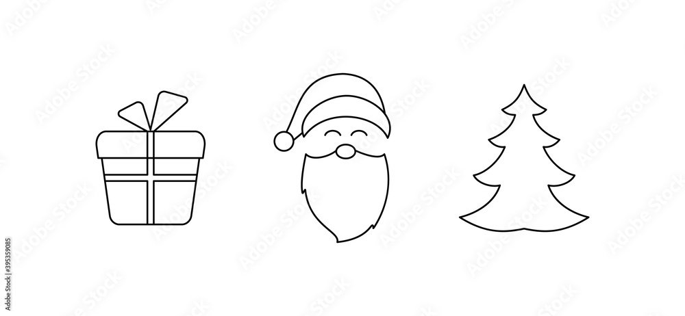 Vector drawing of a set of Christmas symbols of Santa Claus face, gift ...