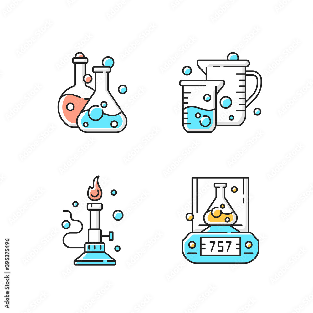 Lab tools RGB color icons set. Liquid volume measurement. Bunsen burner ...