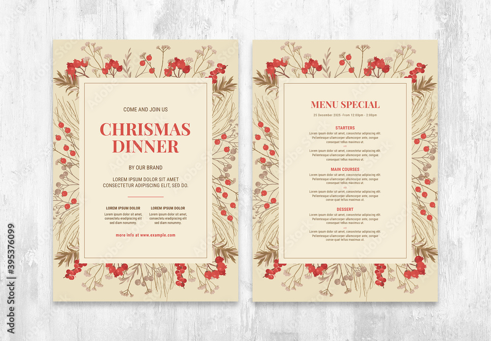 Christmas Menu Layout with Rustic Foliage and Red Berries Stock ...