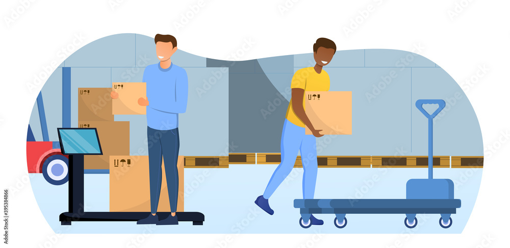 Multiracial warehouse workers loading and stacking cargo. Concept of ...